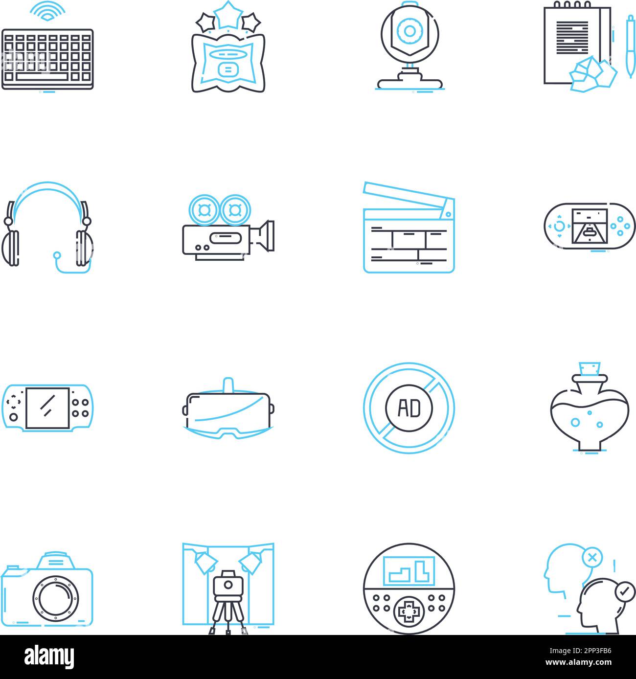 Broadcasting technology linear icons set. Transmitter, Receiver, Antenna, Frequency, Spectrum ...