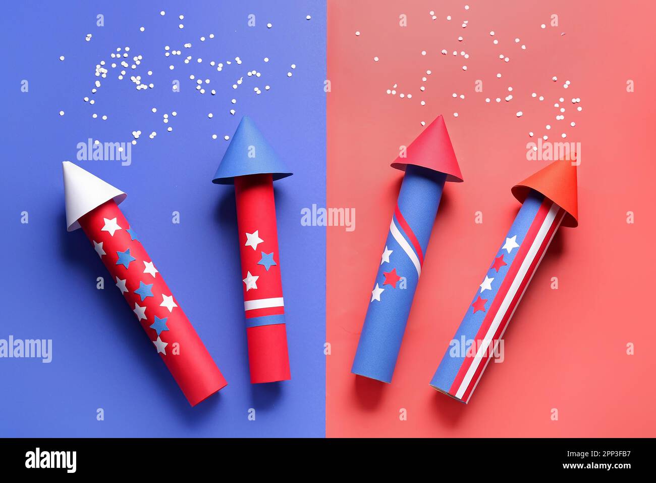 Firework rockets and confetti for Independence Day on colorful ...