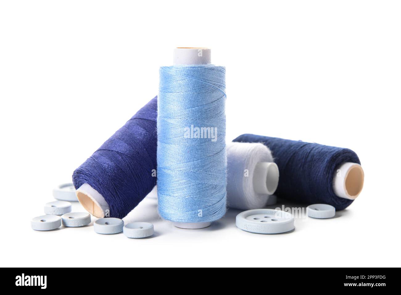 Set of thread spools and buttons isolated on white background Stock ...