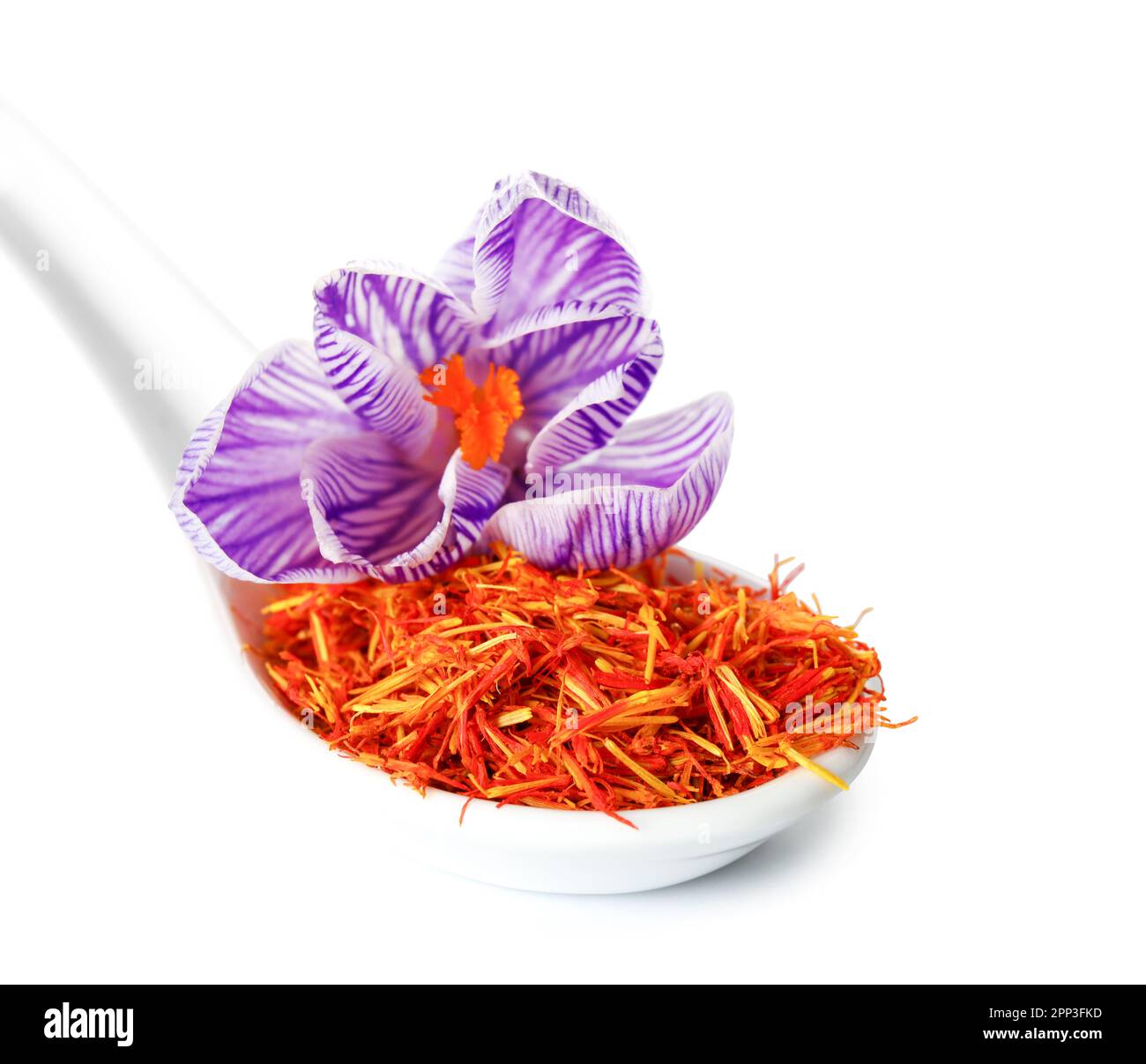 Ceramic spoon with dried saffron threads and crocus flower isolated on ...
