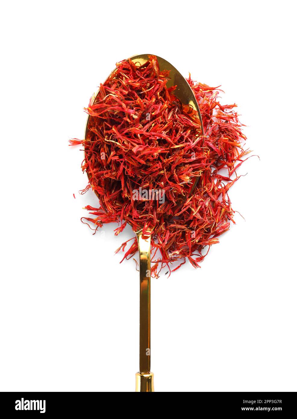 Spoon with pile of saffron on white background Stock Photo - Alamy