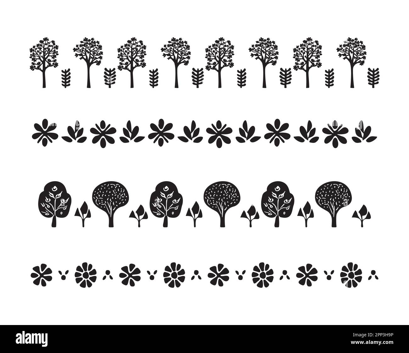 Collection of woodland tree scandi linocut vector border. Washi tape ...