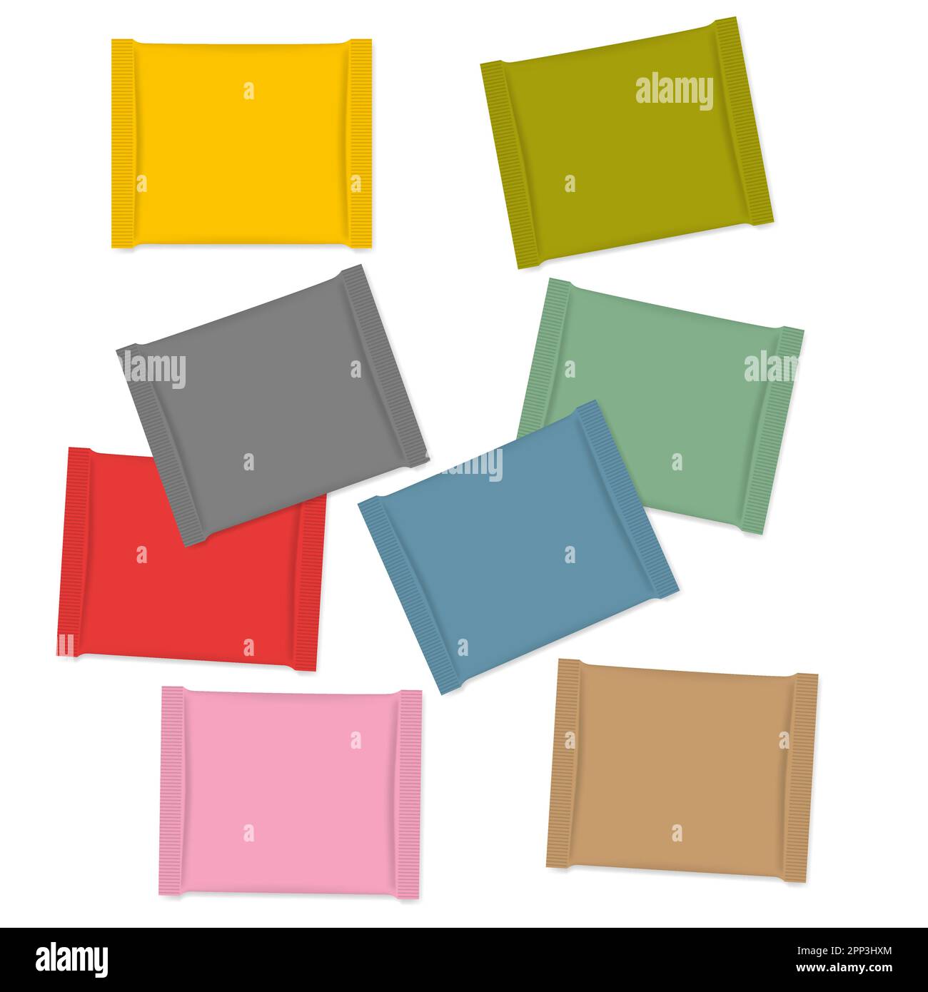 Multicolored blank square sachet packets isolated on white background ...