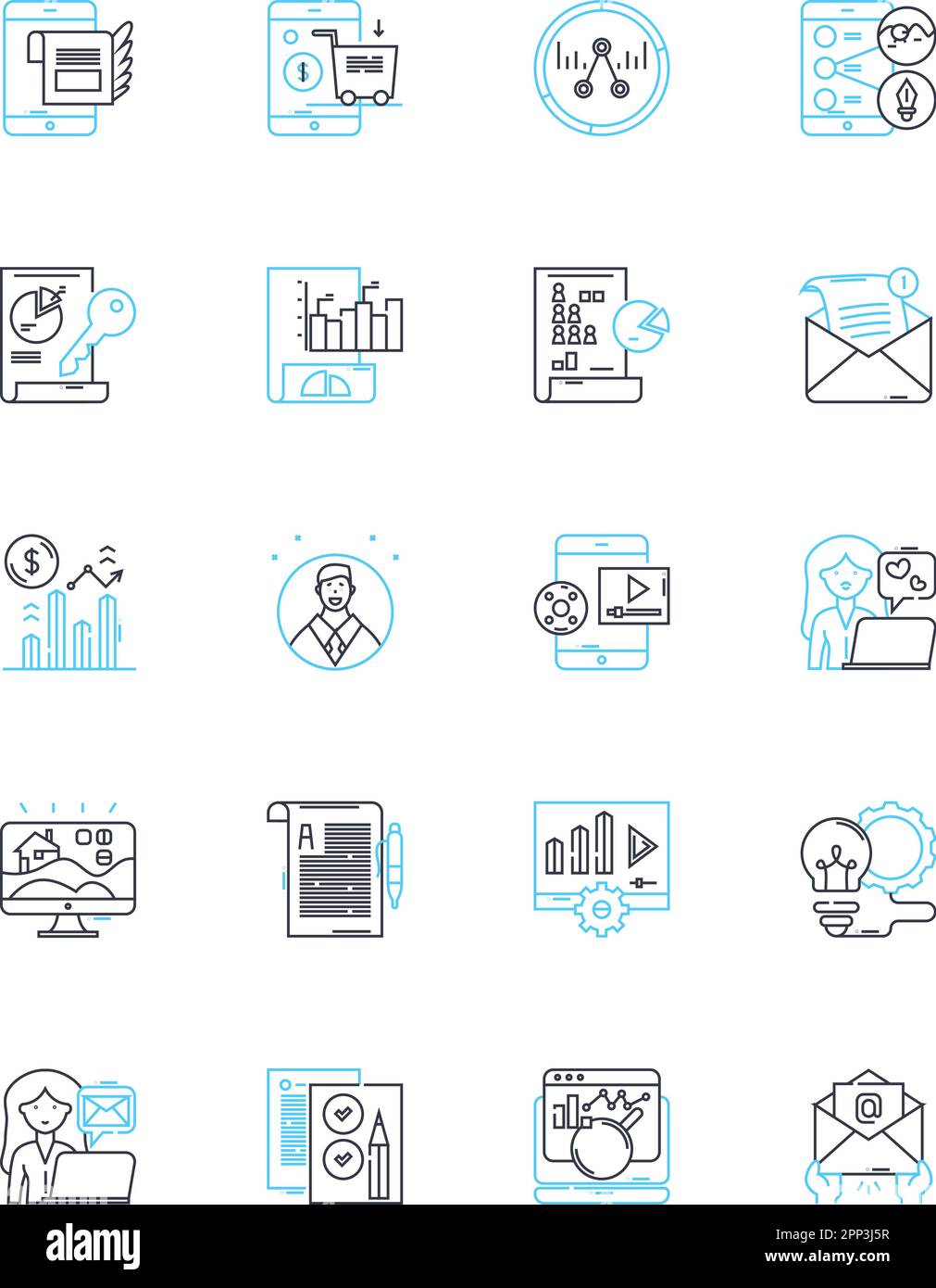 Online communication linear icons set. Messaging, Chatting, Emailing, Videoconferencing ...