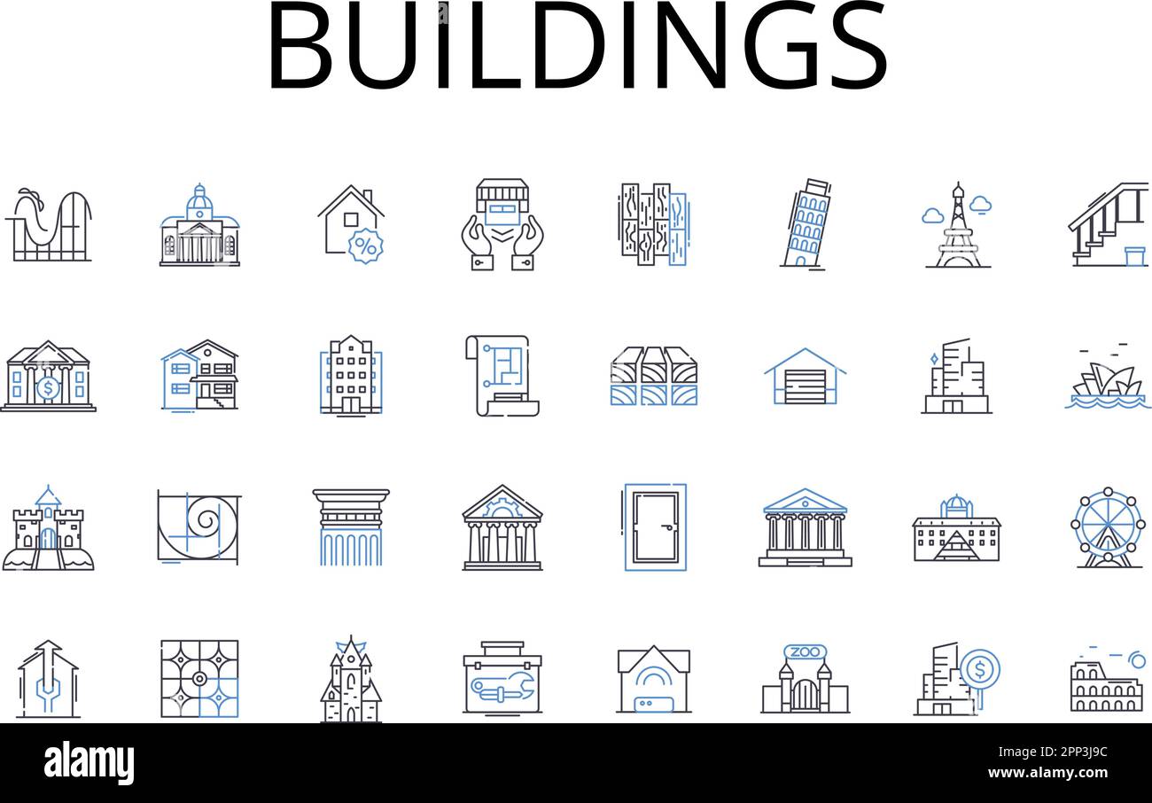 Buildings line icons collection. Houses, Towers, Structures, Edifices, Skyscrapers, Residences ...