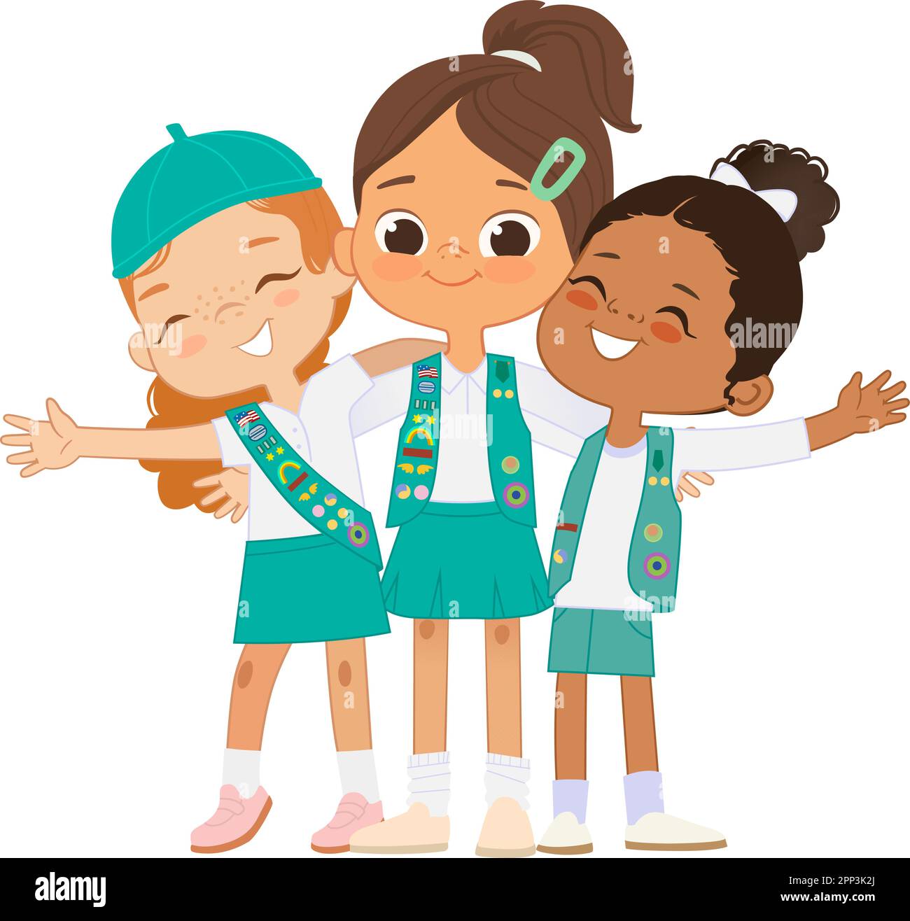 Happy multi ethnic multi aged girls scout hug. Girls Scout happily hug ...