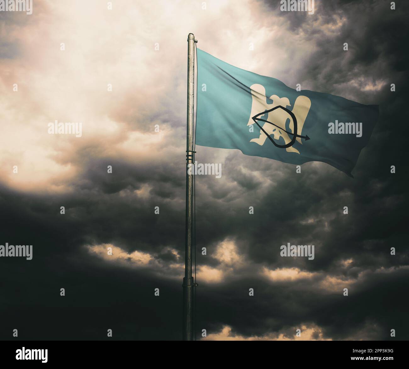 A digital illustration of a flag of the Seljuk Empire waving against a ...