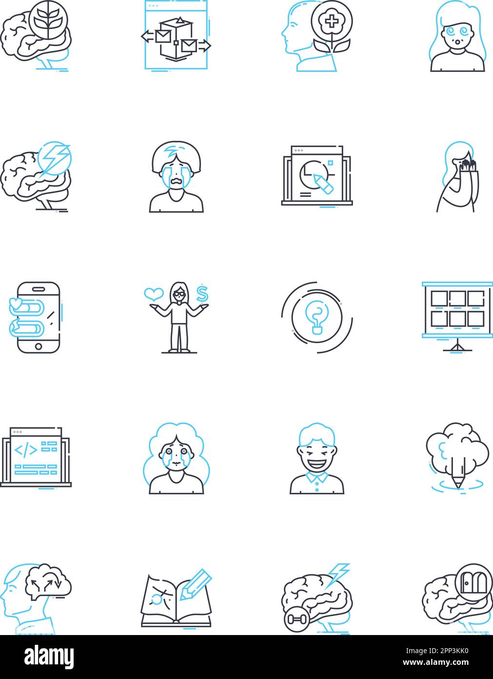 Mental wellbeing linear icons set. Happiness, Mindfulness, Anxiety ...