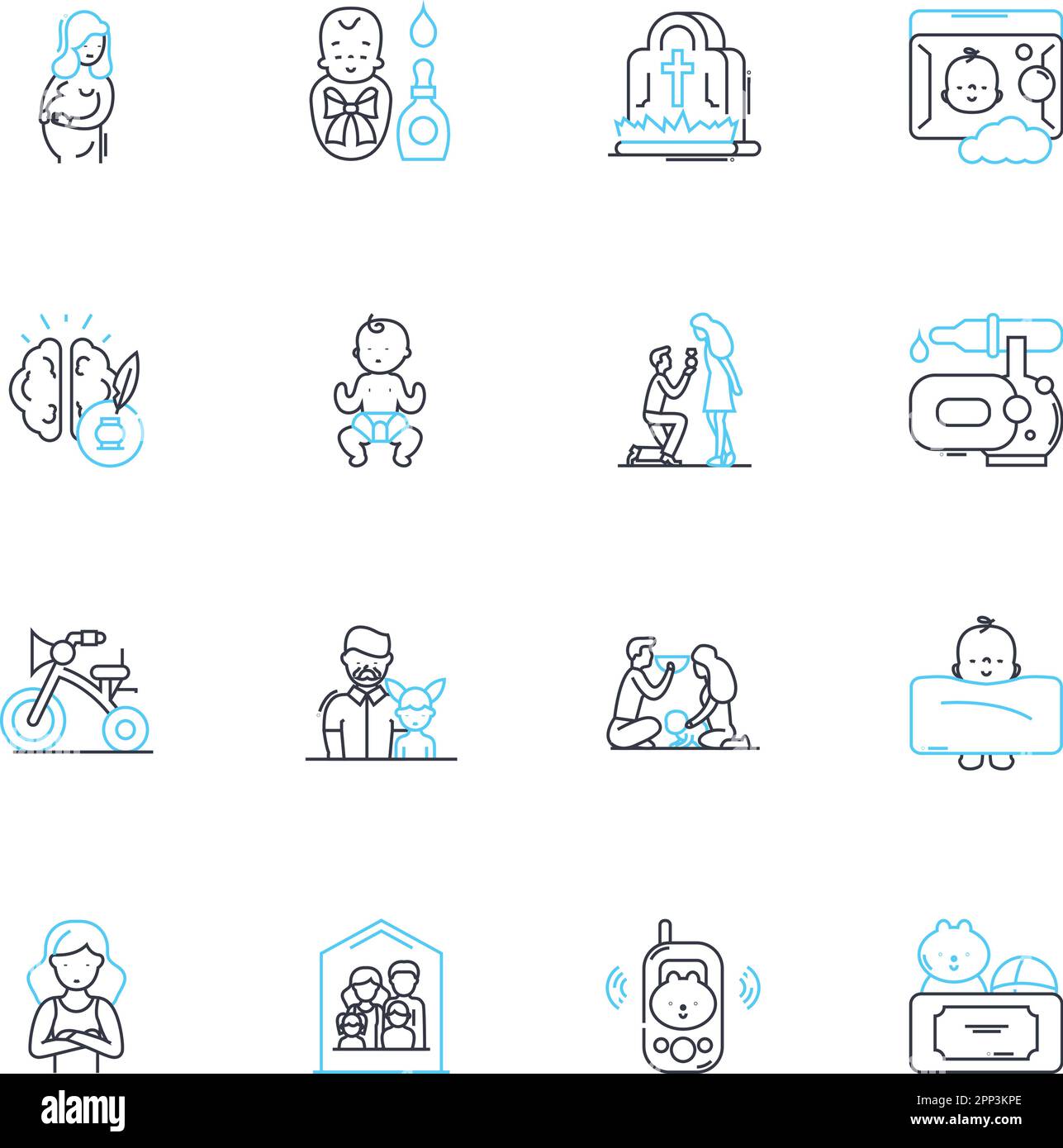 Infant linear icons set. Cooing, Diapers, Pacifier, Giggles, Milk ...