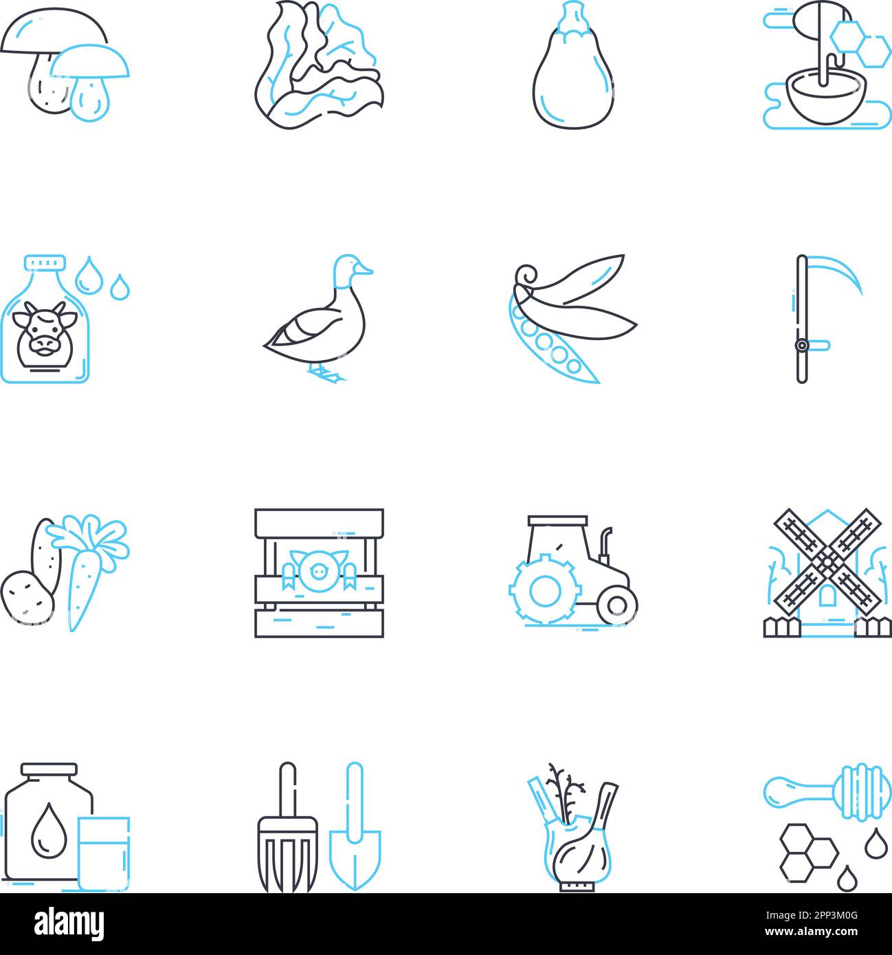 Agricultural engineering linear icons set. Irrigation, Soil, Harvesting ...