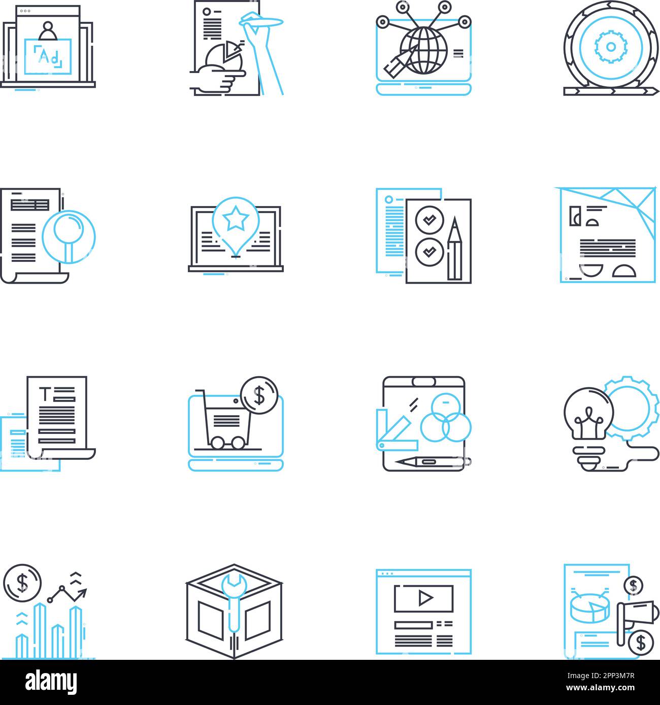 Advertising firm linear icons set. Branding, Marketing, Creative, Media ...