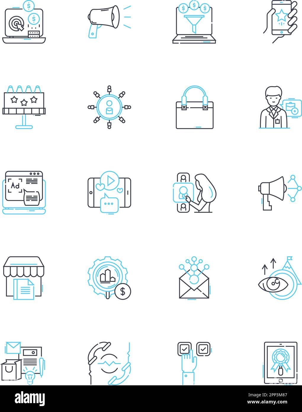 Social strategy linear icons set. Engagement, Insights, Metrics ...
