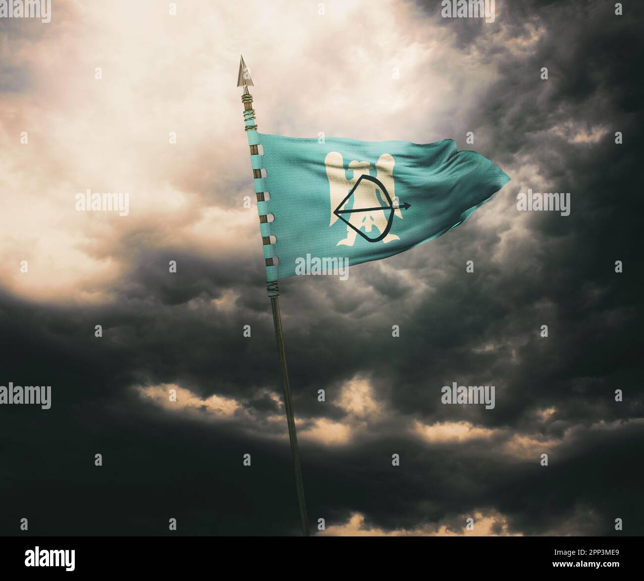 A digital illustration of a flag of the Seljuk Empire waving against a ...