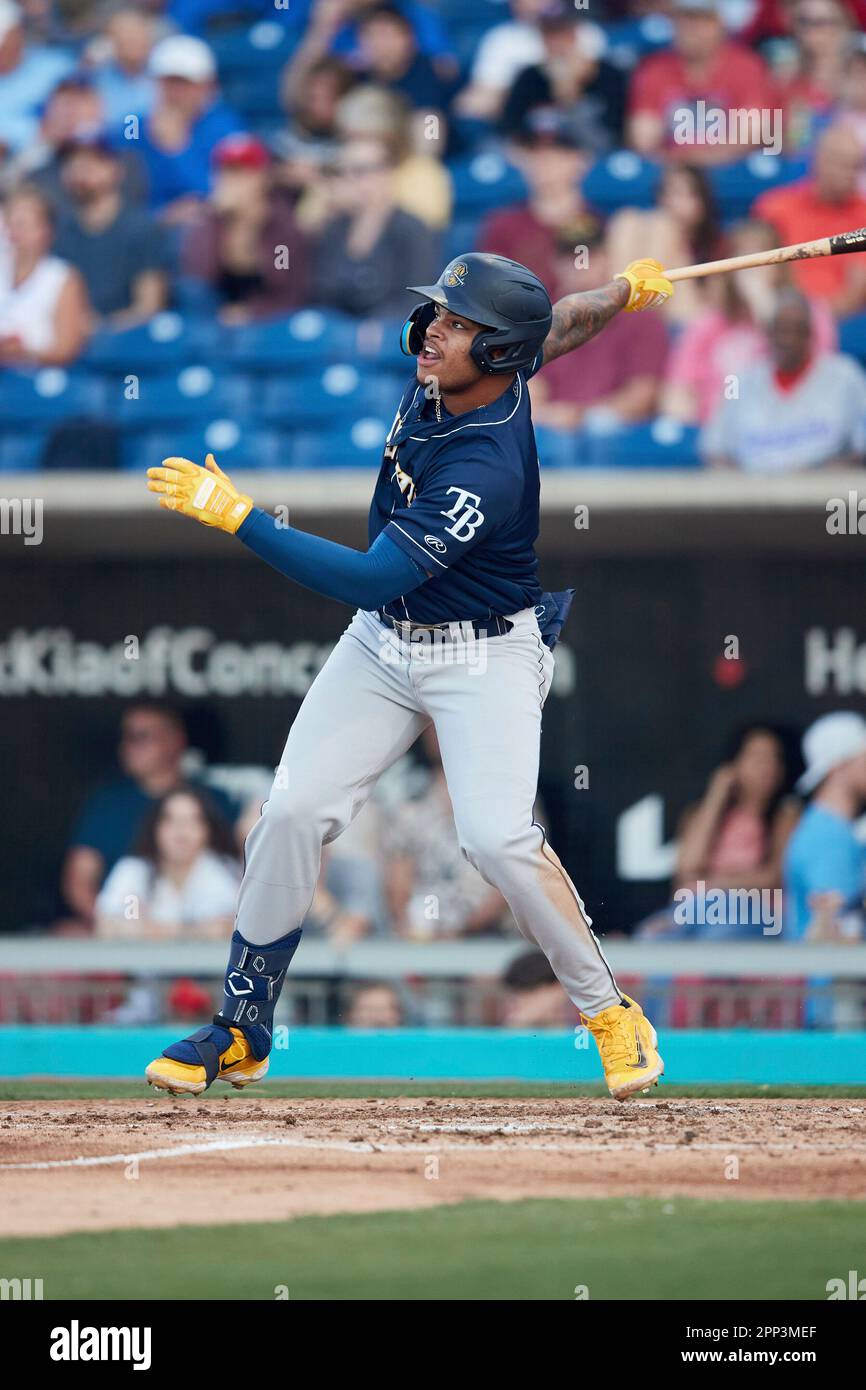 Xavier Isaac (11) of the Charleston RiverDogs follows through on his ...