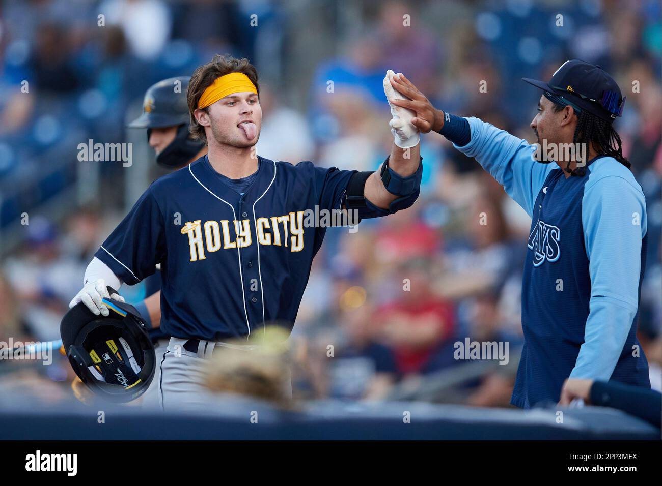 Ryan Cermak (25) of the Charleston RiverDogs high fives teammate Jalen ...