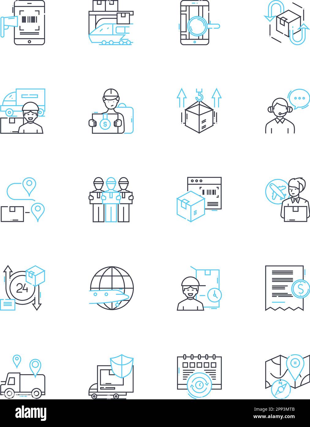 Shipping service linear icons set. Delivery, Logistics, Transport, Freight, Export, Import ...