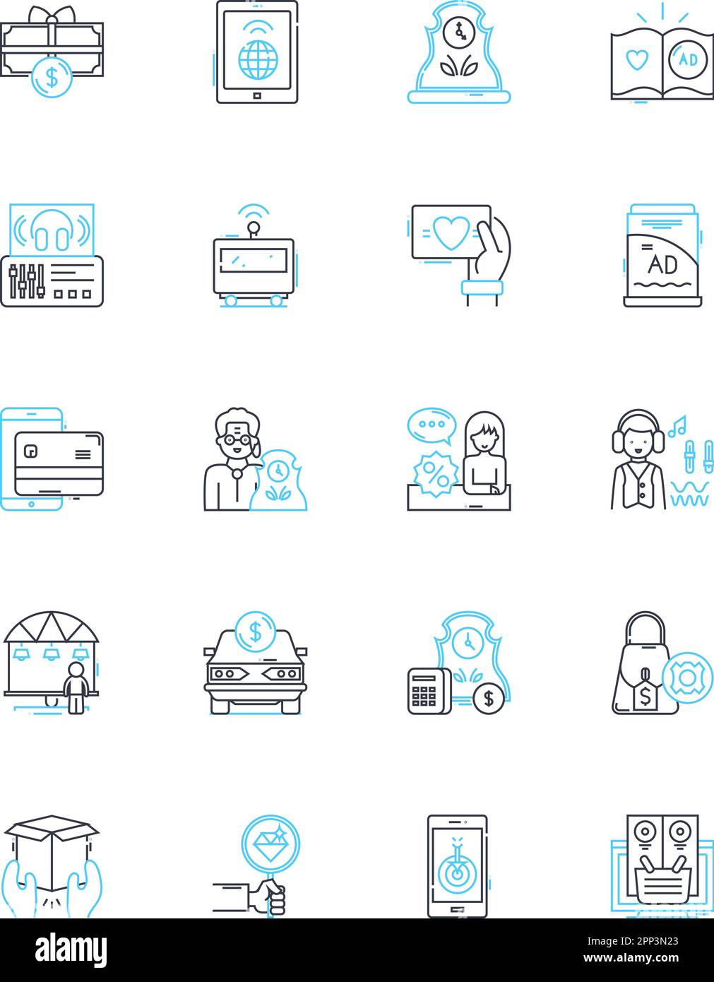Media planning linear icons set. Strategy, Budget, Targeting, Research ...