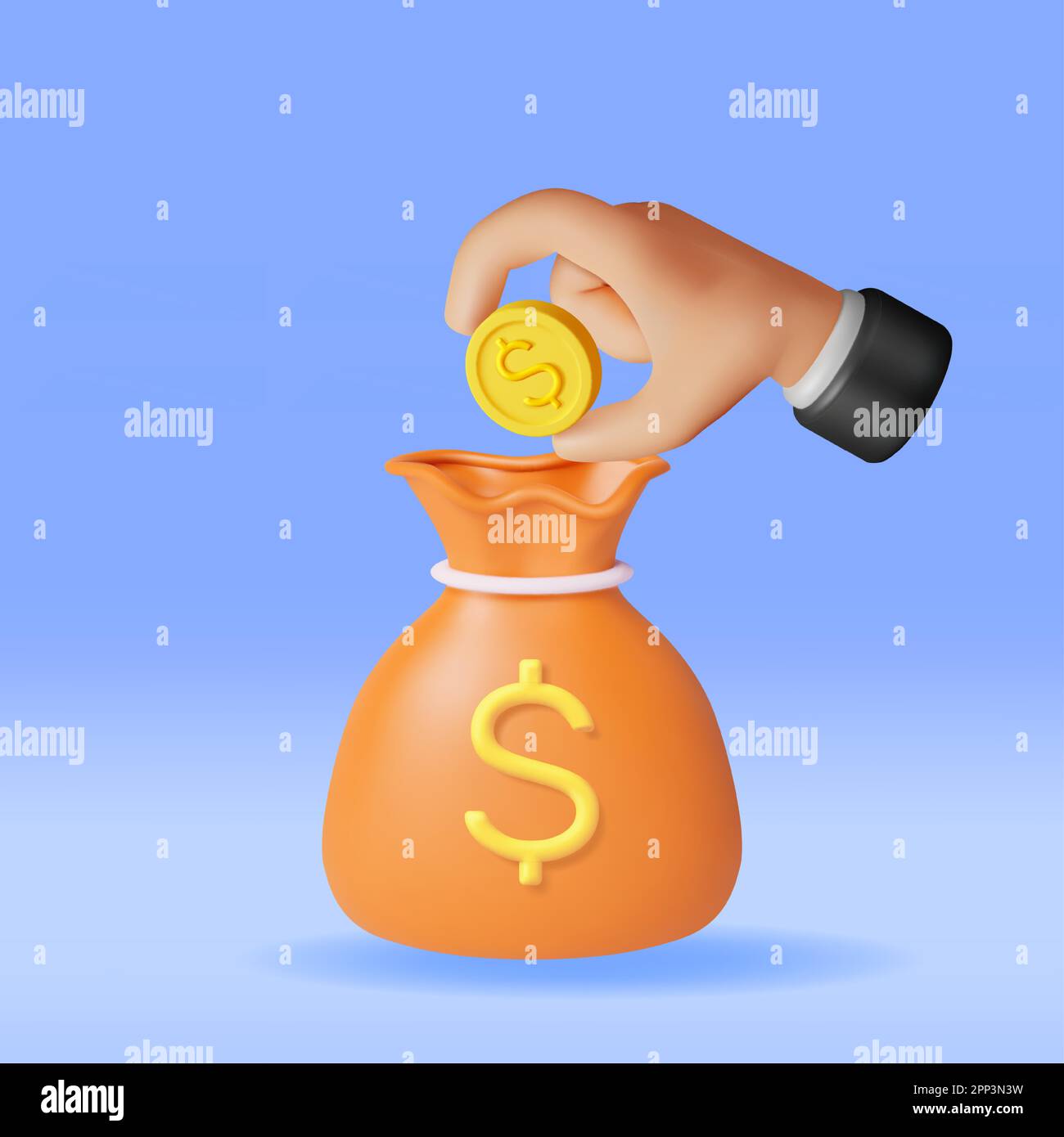 3D Money Bag with Rope and Dollar Sign with Hand Stock Vector Image ...