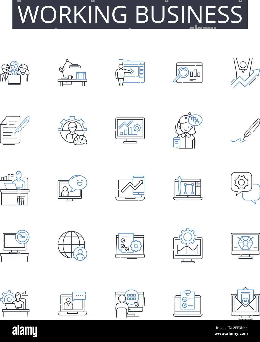 Working business line icons collection. Running company, Busy office ...