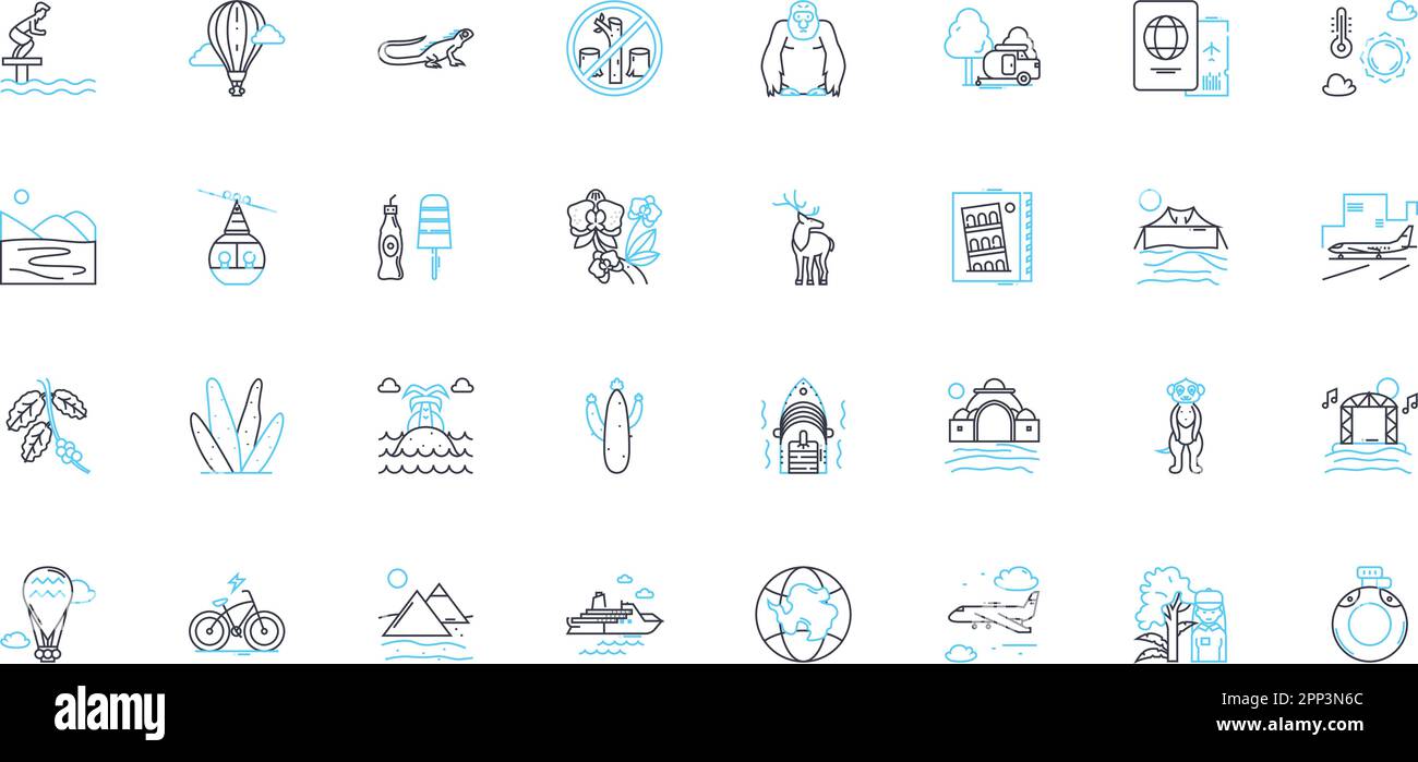 Sustainable tourism linear icons set. Conservation, Ecotourism, Carbon ...