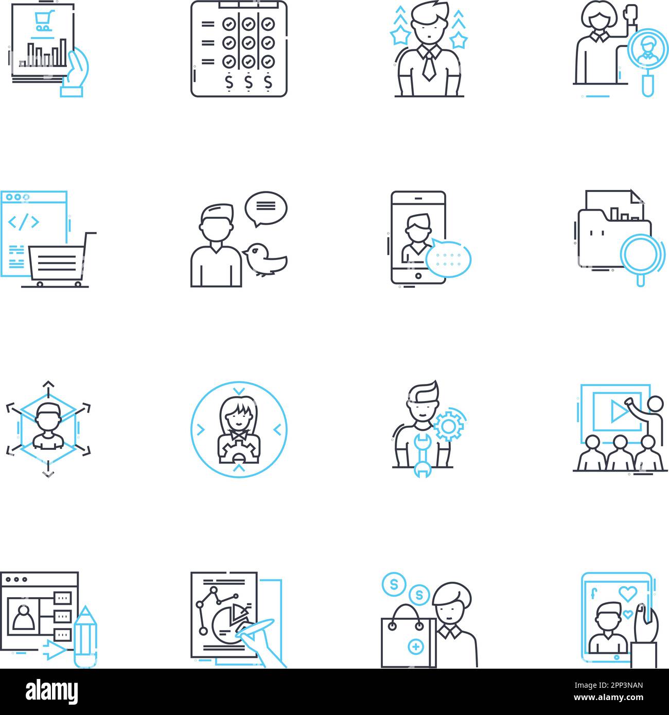 Advertising consultants linear icons set. Strategy, Branding, Promotion ...