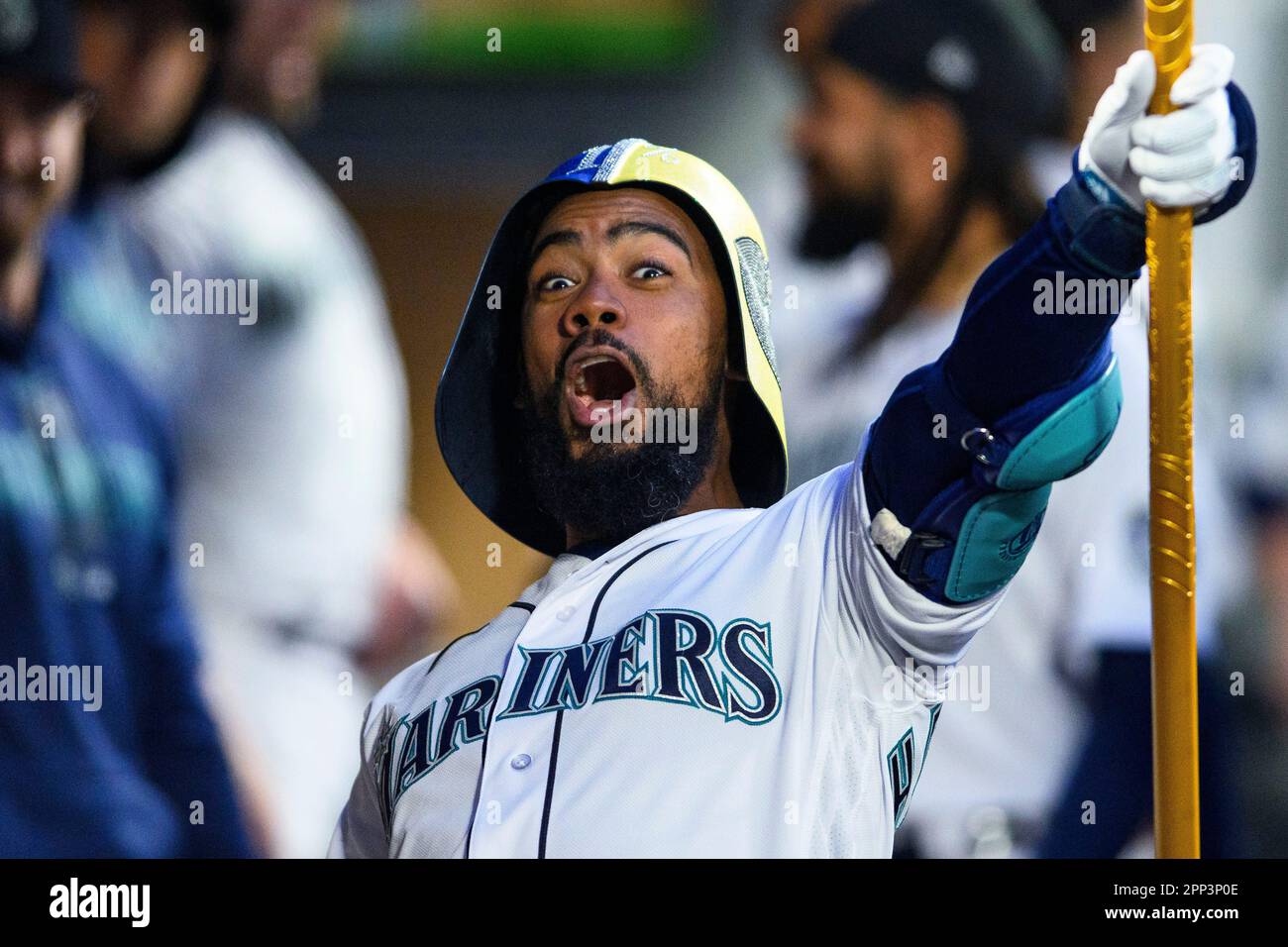 Seattle Mariners' Teoscar Hernandez celebrates his home run against the ...