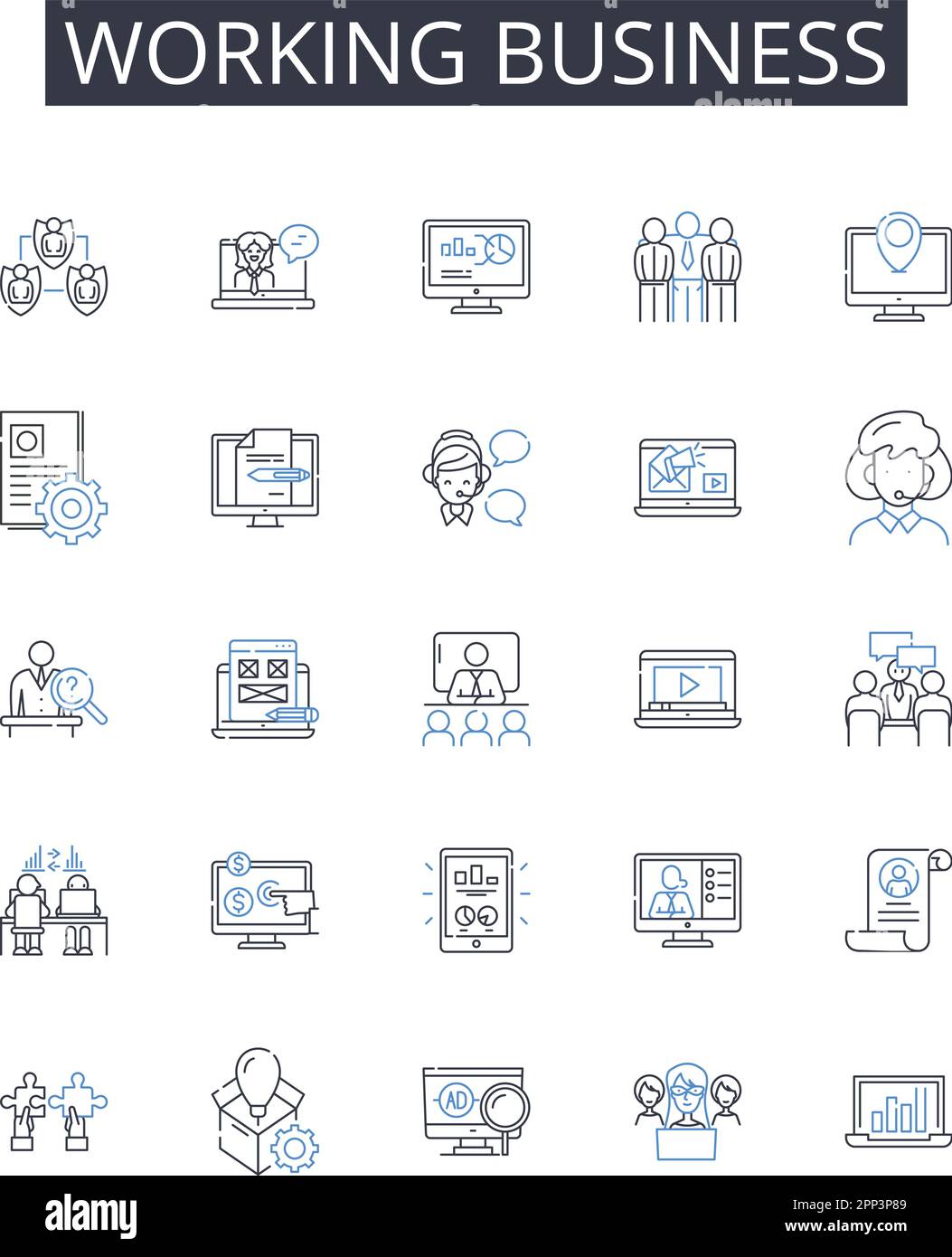 Working business line icons collection. Running company, Busy office ...