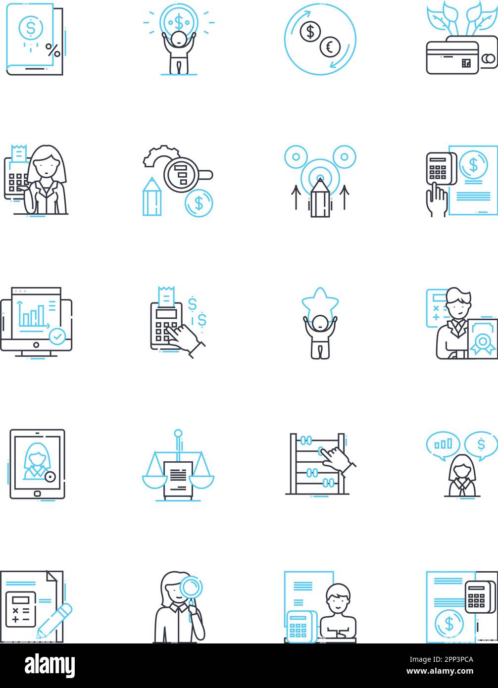 Corporate accounting linear icons set. Budgeting, Auditing, Forecasting, Taxation, Analysis ...