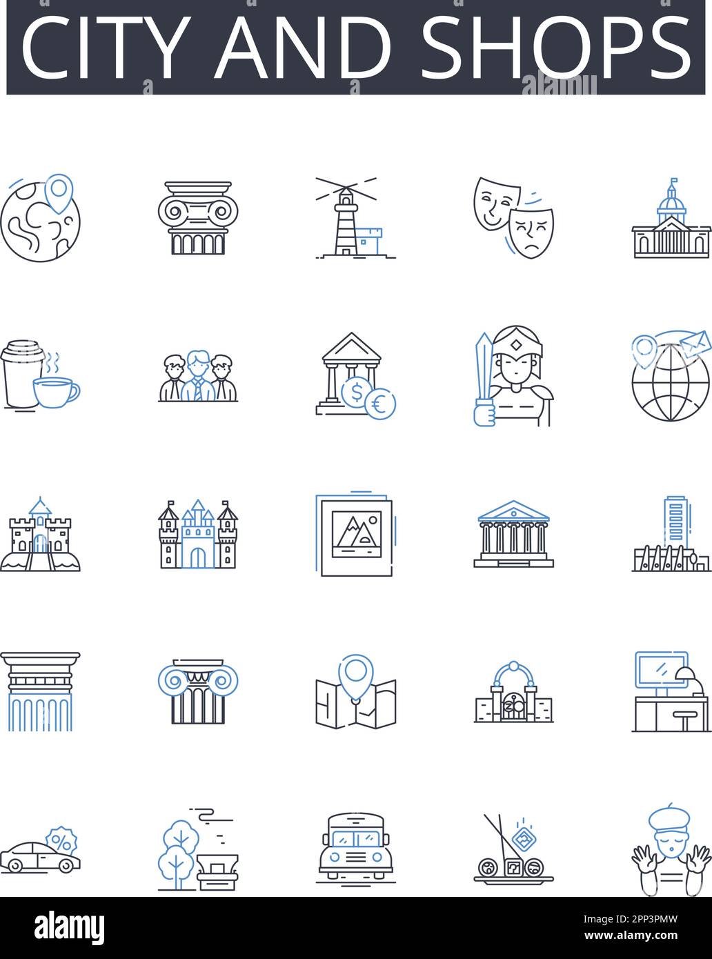 City and shops line icons collection. Express, Reliable, Punctual ...