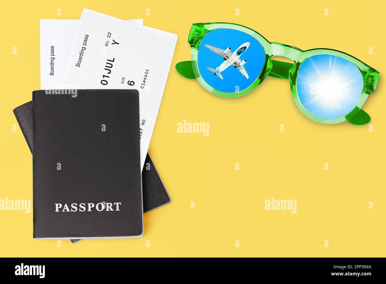 Black passport, boarding pass, flight ticket, sunglasses, flying ...