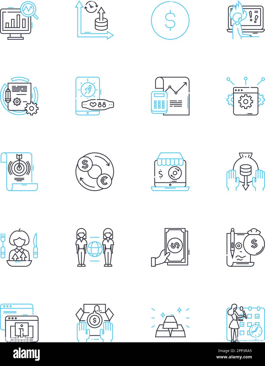Individual finances linear icons set. Budgeting, Saving, Debt, Investing, Retirement, Credit ...