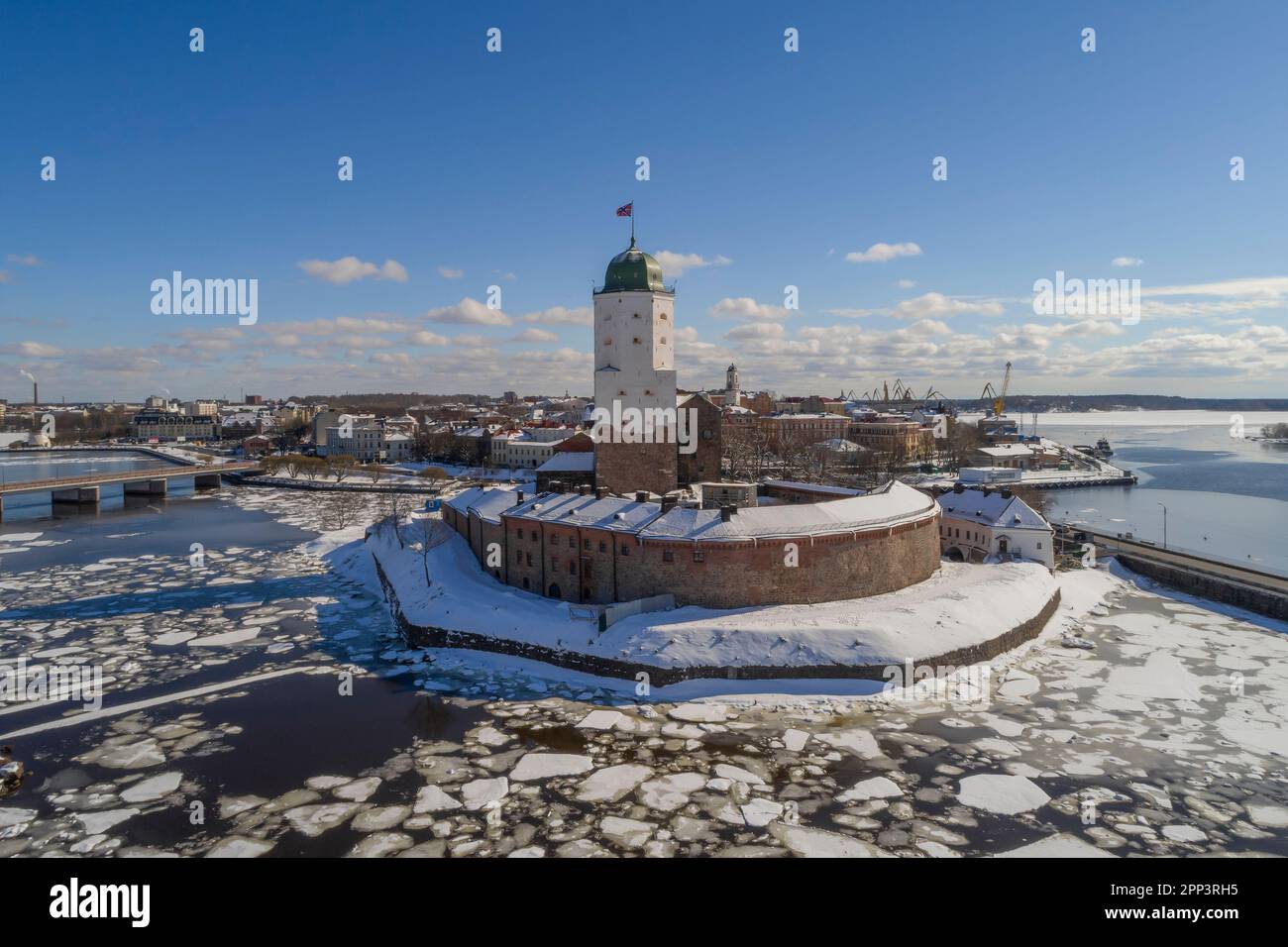 View of the ancient Vyborg castle on a sunny March day (aerial view ...