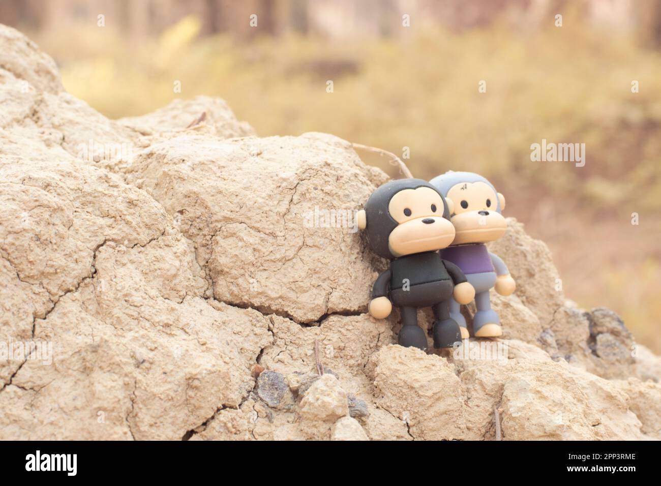infrared image of the monkey toys on the dried plateau hill Stock Photo ...