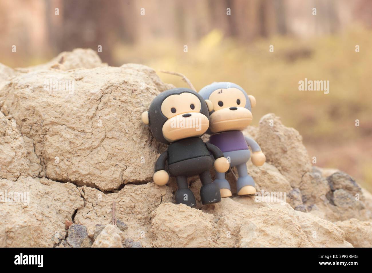 infrared image of the monkey toys on the dried plateau hill Stock Photo ...