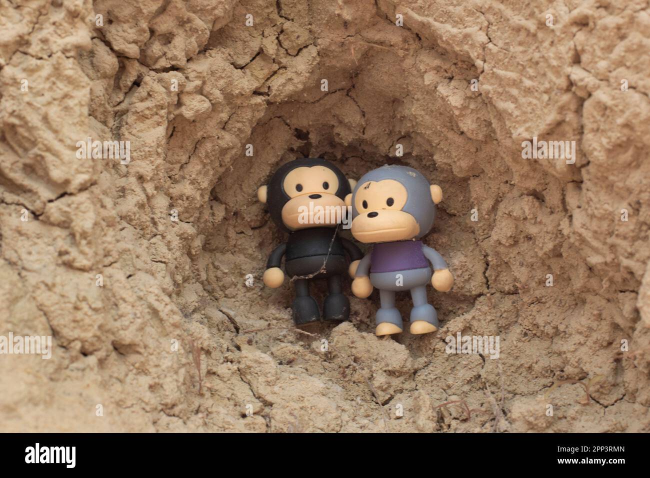 infrared image of the monkey toys on the dried plateau hill Stock Photo ...