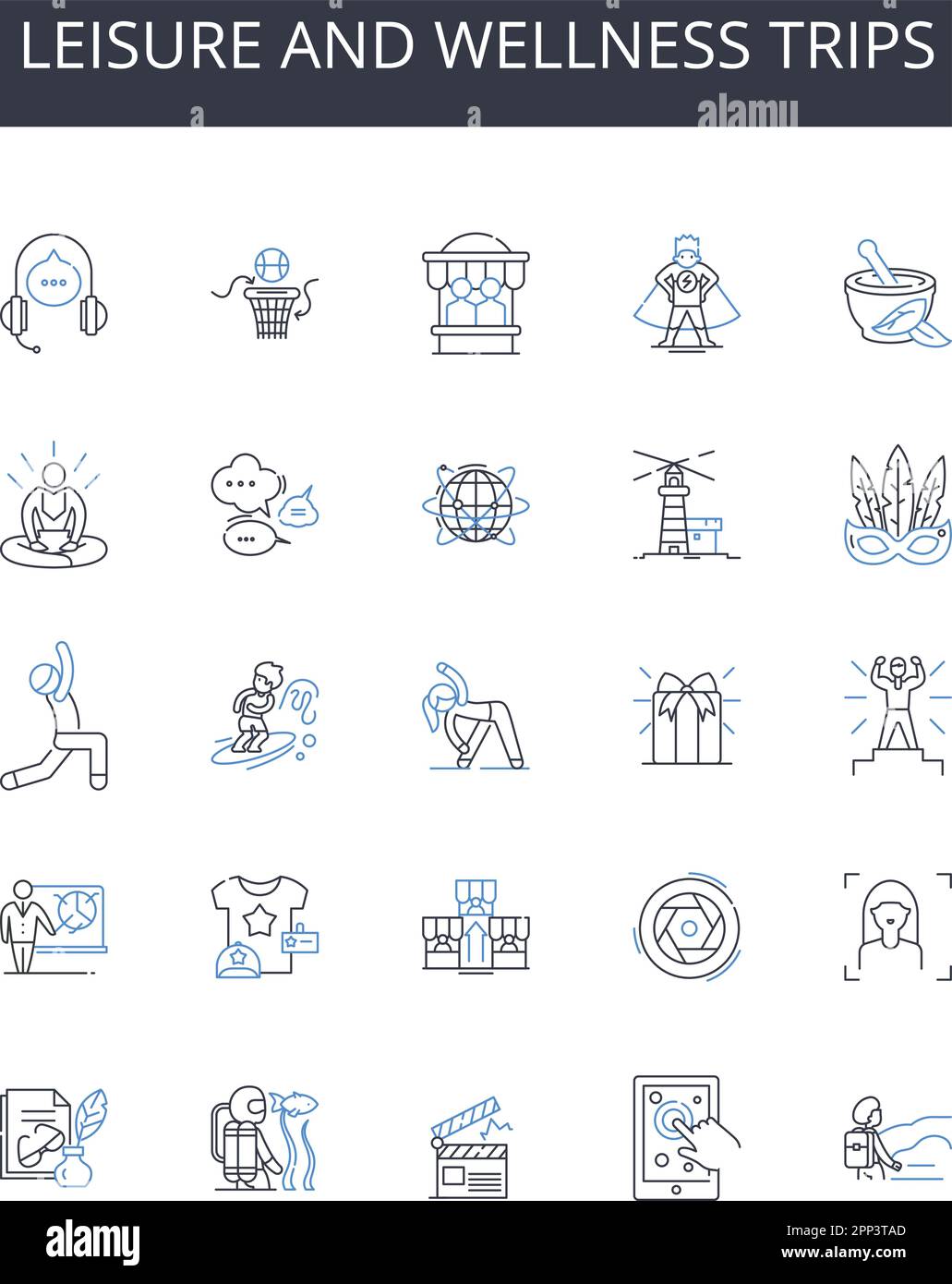 Leisure and wellness trips line icons collection. Target, Objective ... Leisure and wellness trips line icons collection. Target, Objective ...
