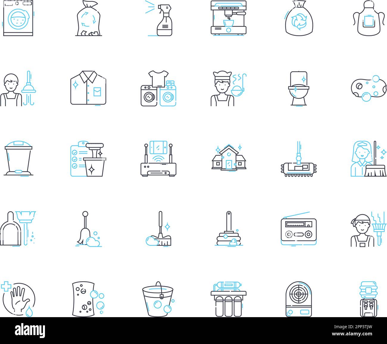 House cleaning linear icons set. Sweep, Scrub, Dust, Polish, Vacuum, Mop, Tidy line vector and ...