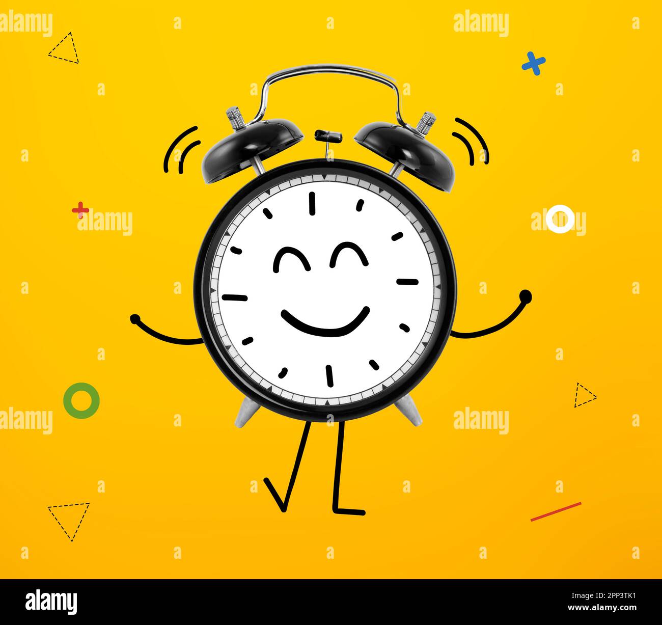 Alarm clock character smiling. Happy hour concept Stock Photo - Alamy