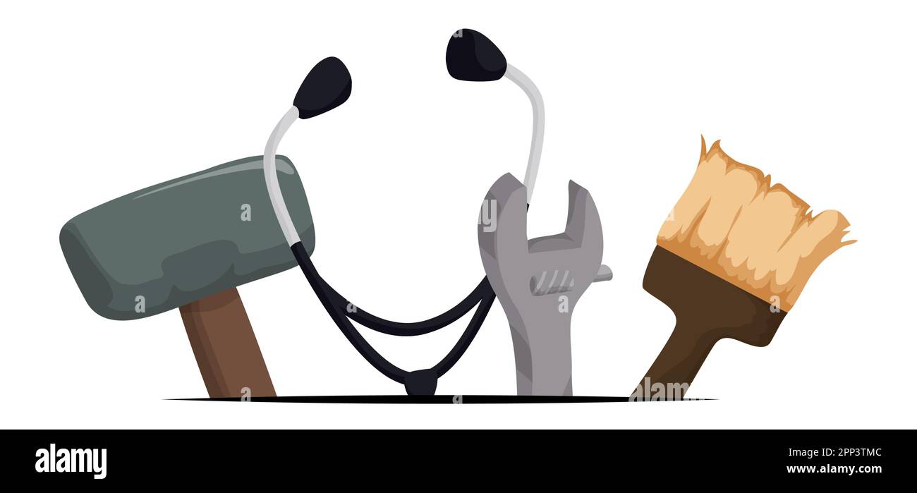 Set of tools in cartoon style coming out of a line in the bottom ...