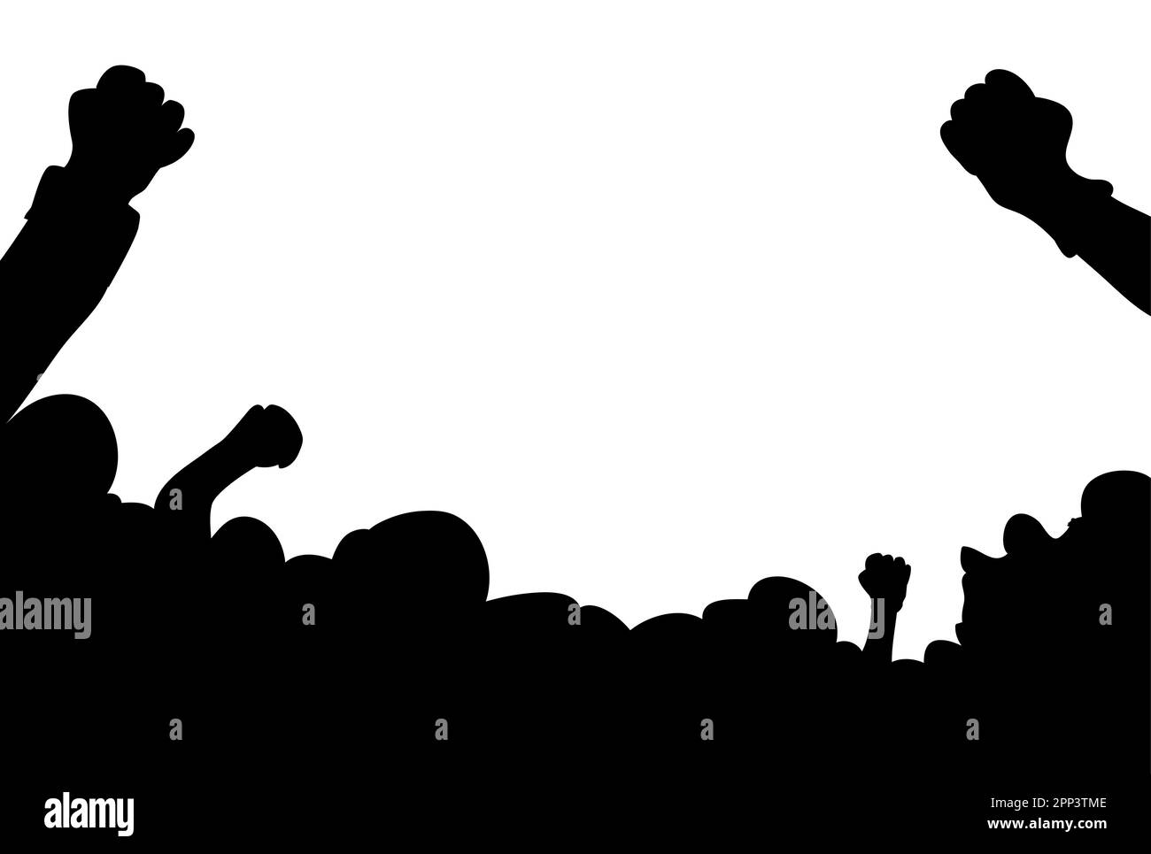 People protesting in dark silhouette with raised fists on white ...