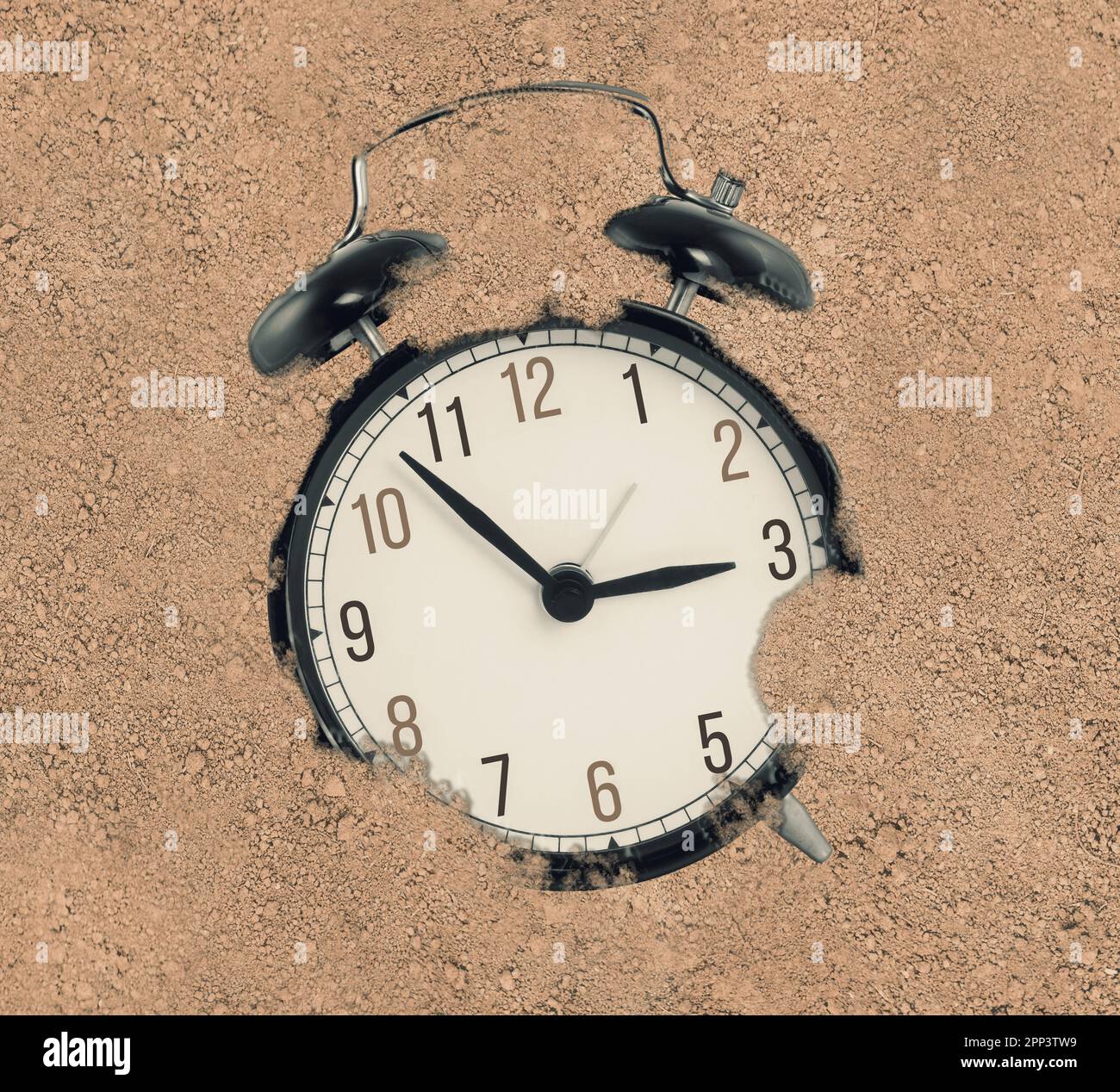 Black clock buried and lost in the sand. lost time concept Stock Photo ...