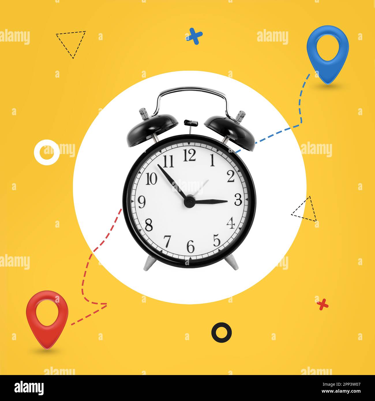 Black clock between two location pins on a line path on yellow ...