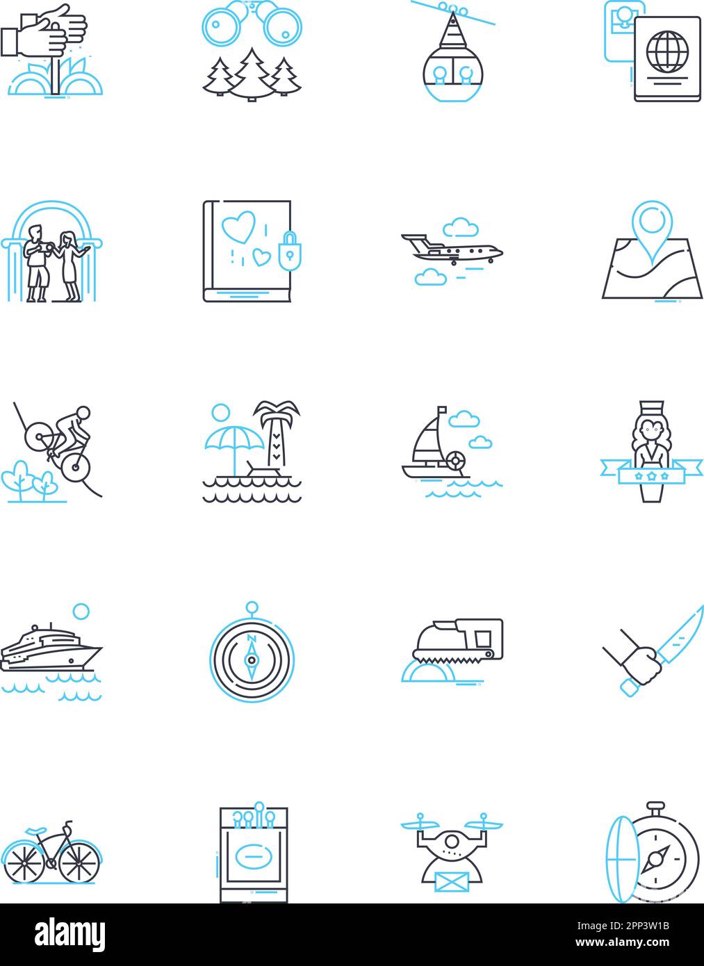 Trips linear icons set. Adventure, Exploration, Vacation, Destination ...