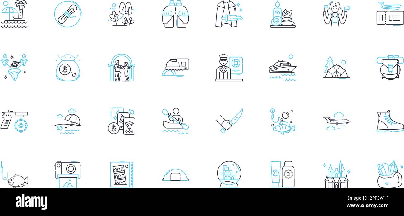 Getaway weekend linear icons set. Retreat, Escapade, Adventure ...