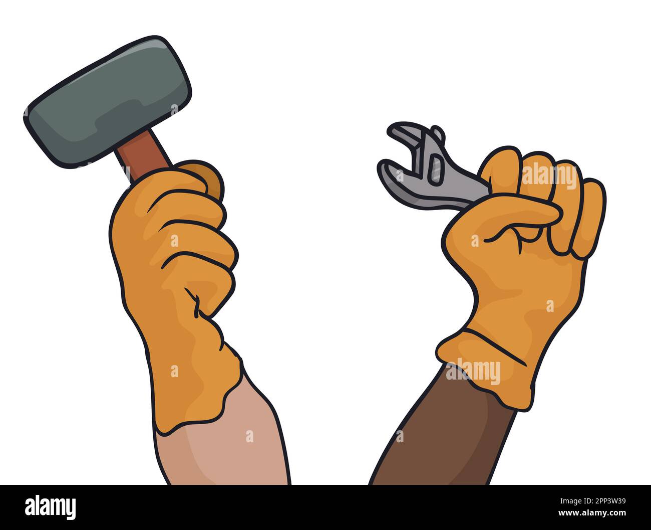 Set with two workers' arms, one with a hammer and the other with an ...