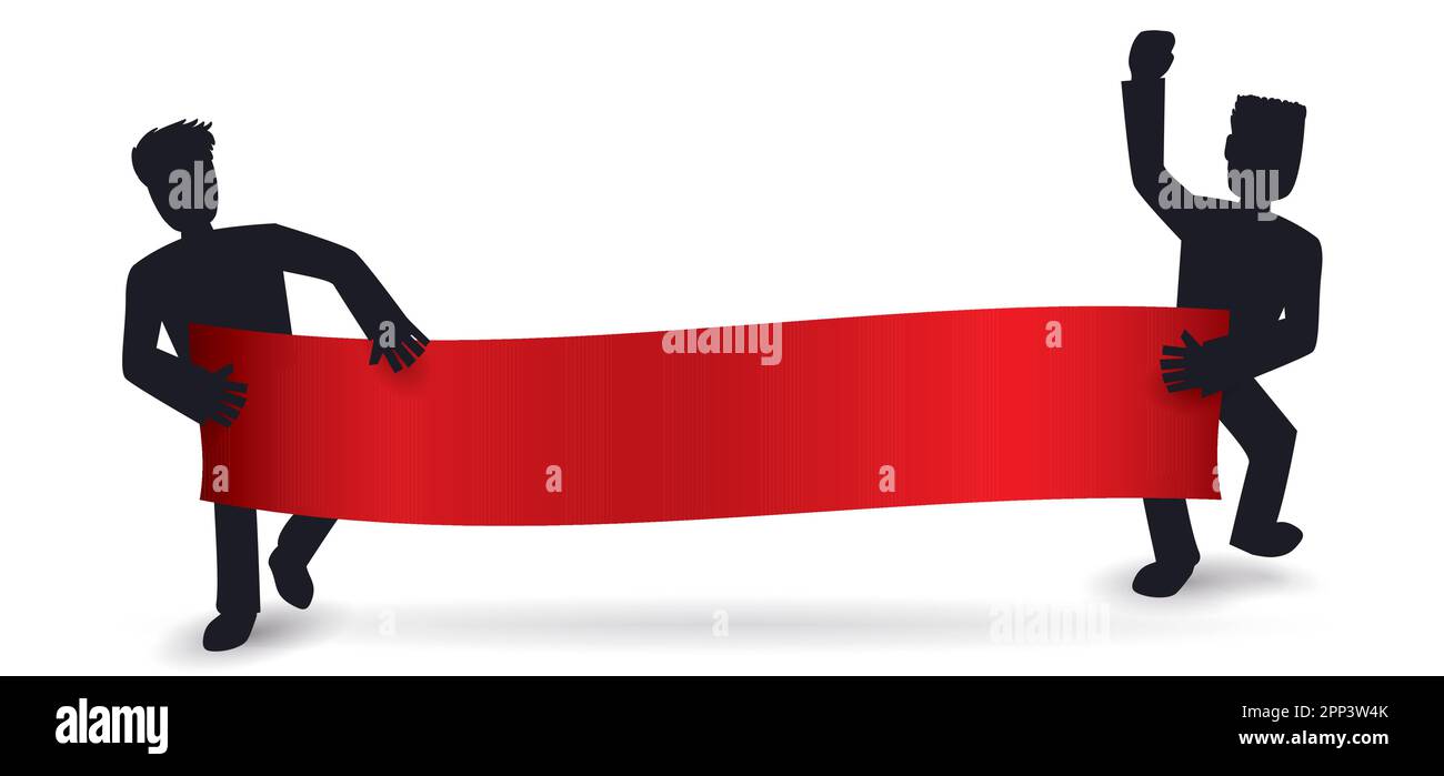 Men holding an empty red banner while one of them protests with raised ...