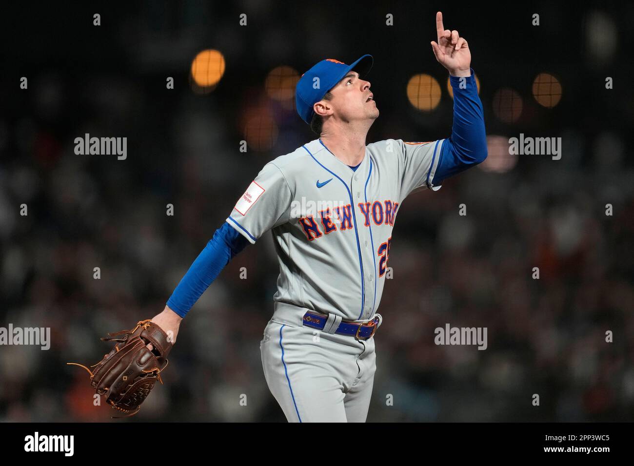 New York Mets pitcher Brooks Raley gestures after striking out San Francisco Giants' Brett ...
