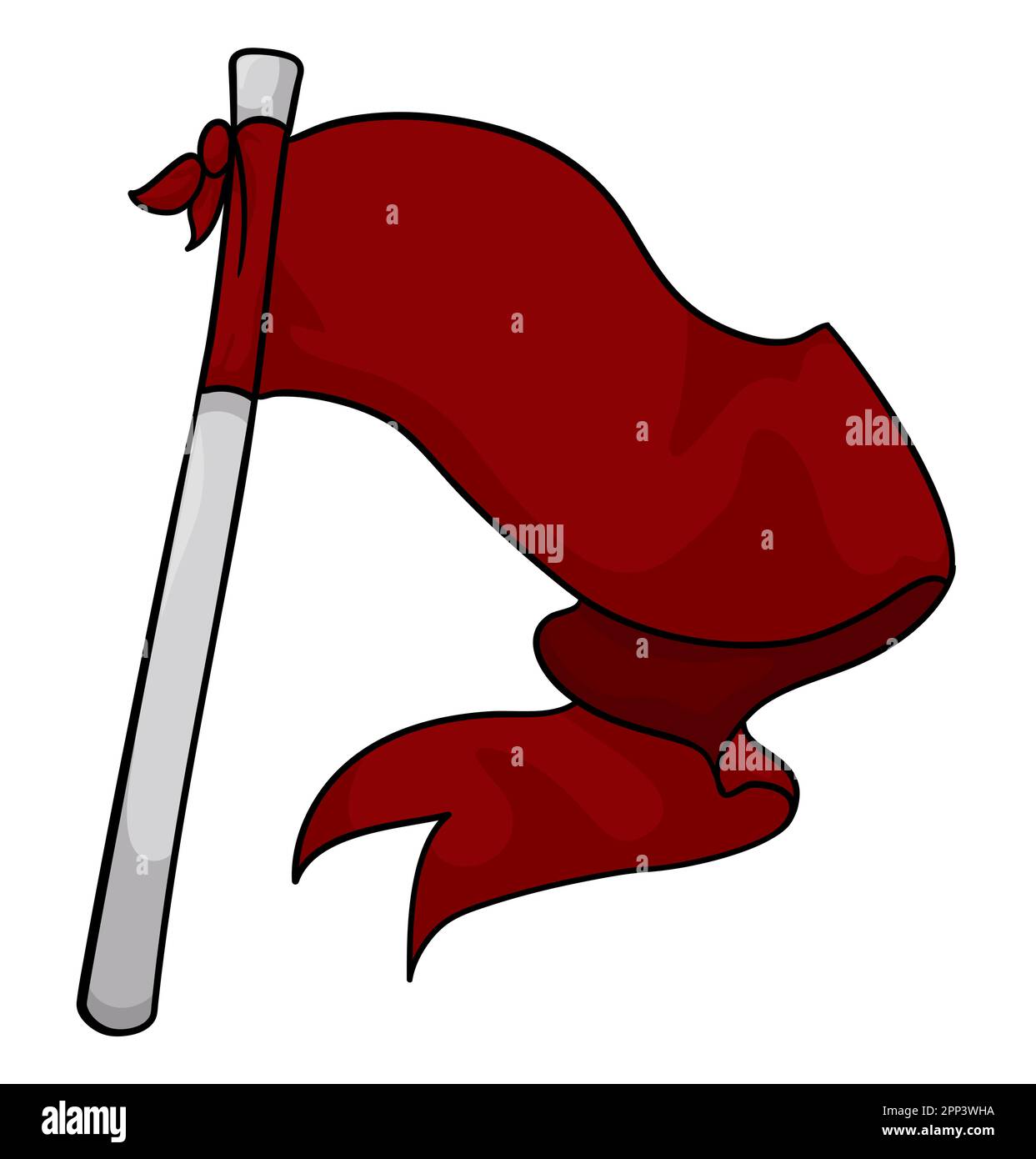 Long red fabric like a waving flag with silver flagpole. Isolated ...