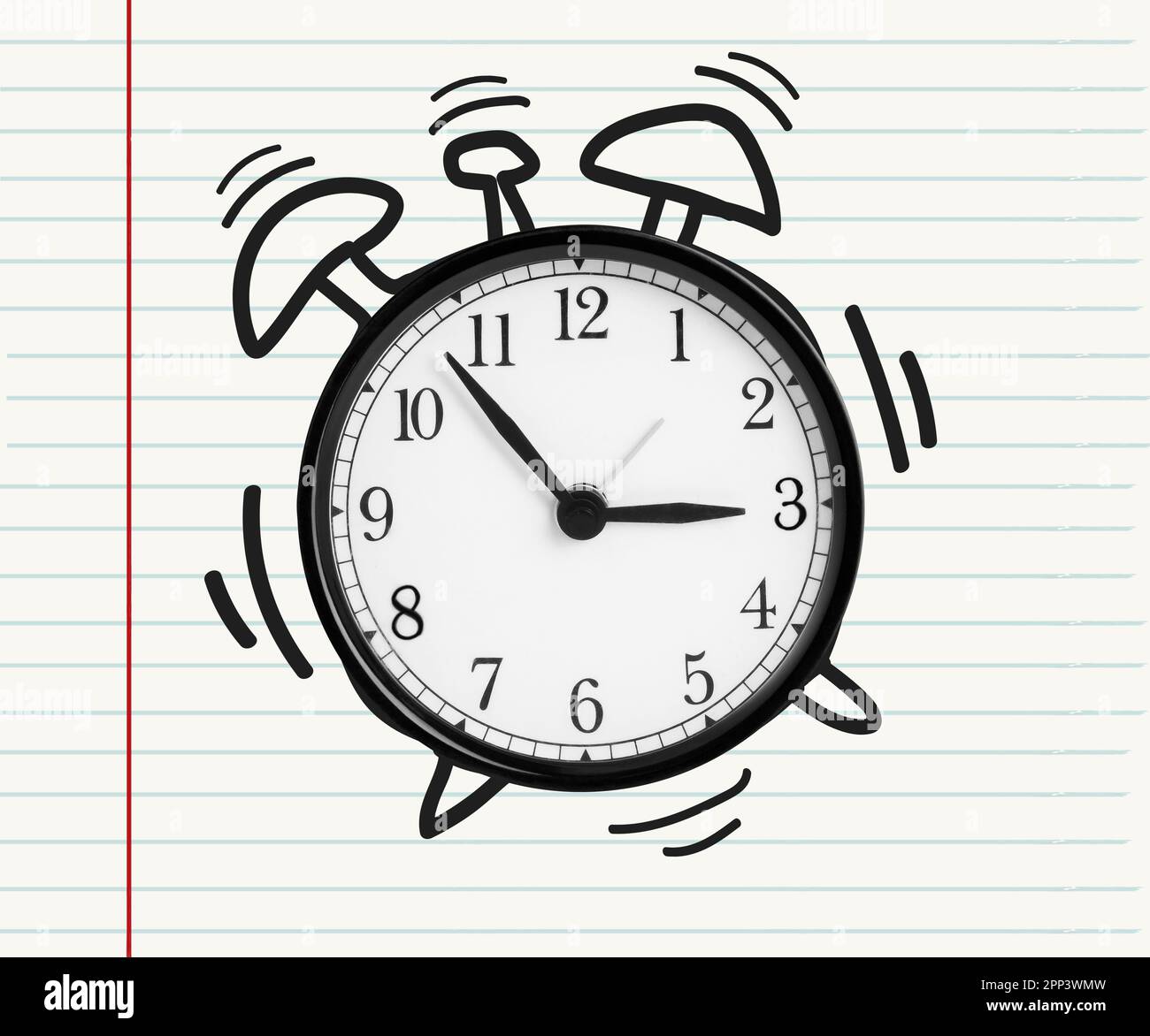 Creative alarm clock with clock elements on notebook background ...