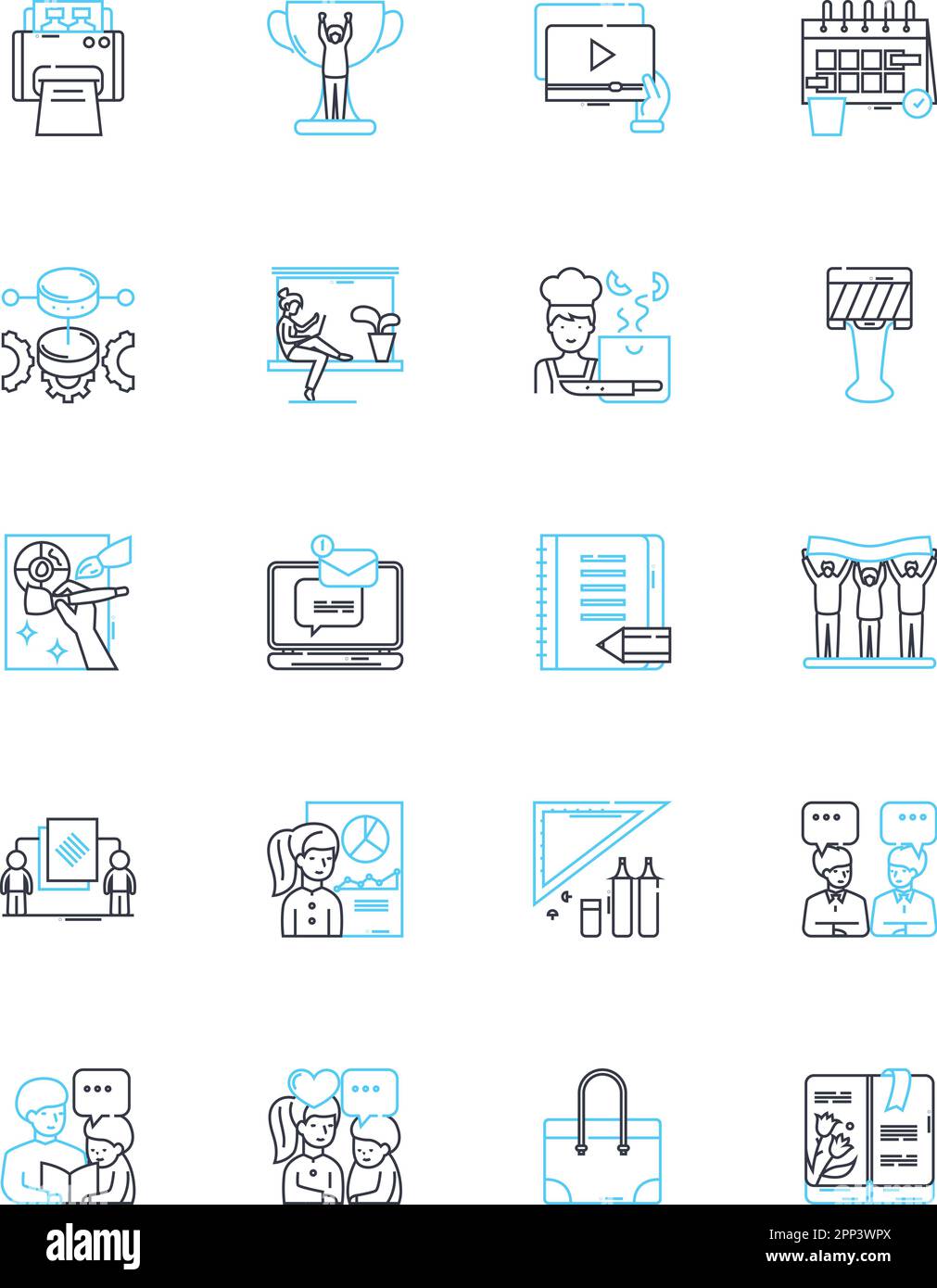 Desktop accessories linear icons set. Mousepads, Desk trays, Keyboard ...